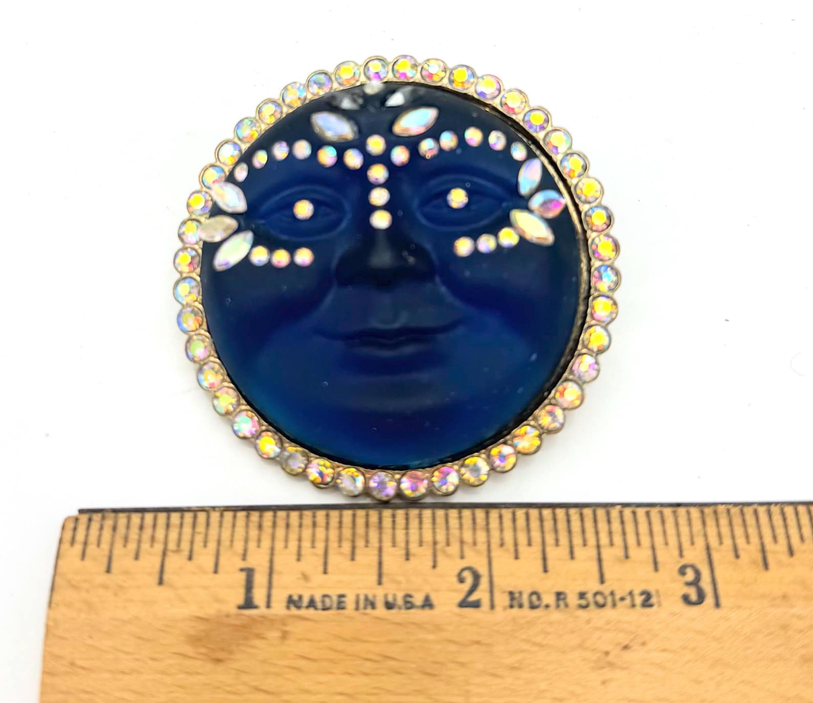 Kirks Folly Rhinestone Blue Moon Face BROOCH Pendant Blueish Glass ...