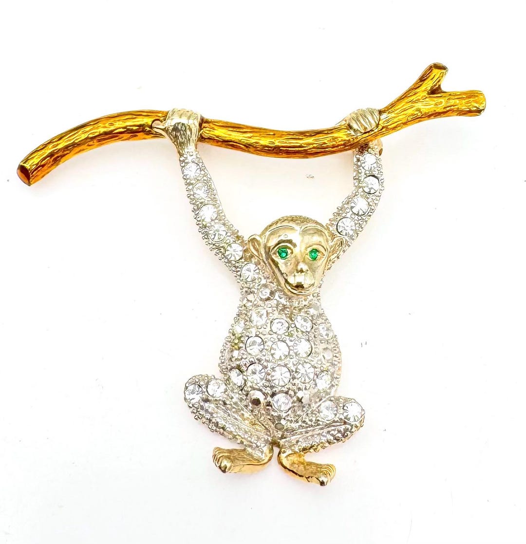 Monkey Brooch Gclear Rhinestone Green Eyes Yellow Gold Figurine Pin - Etsy
