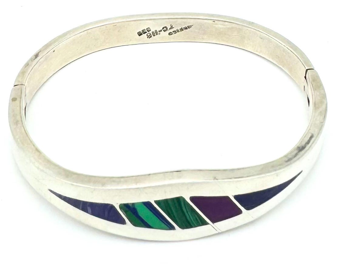 Azurite Malachite and Chariot Inlay Bracelet Mexico Taxco 925 Sterling ...