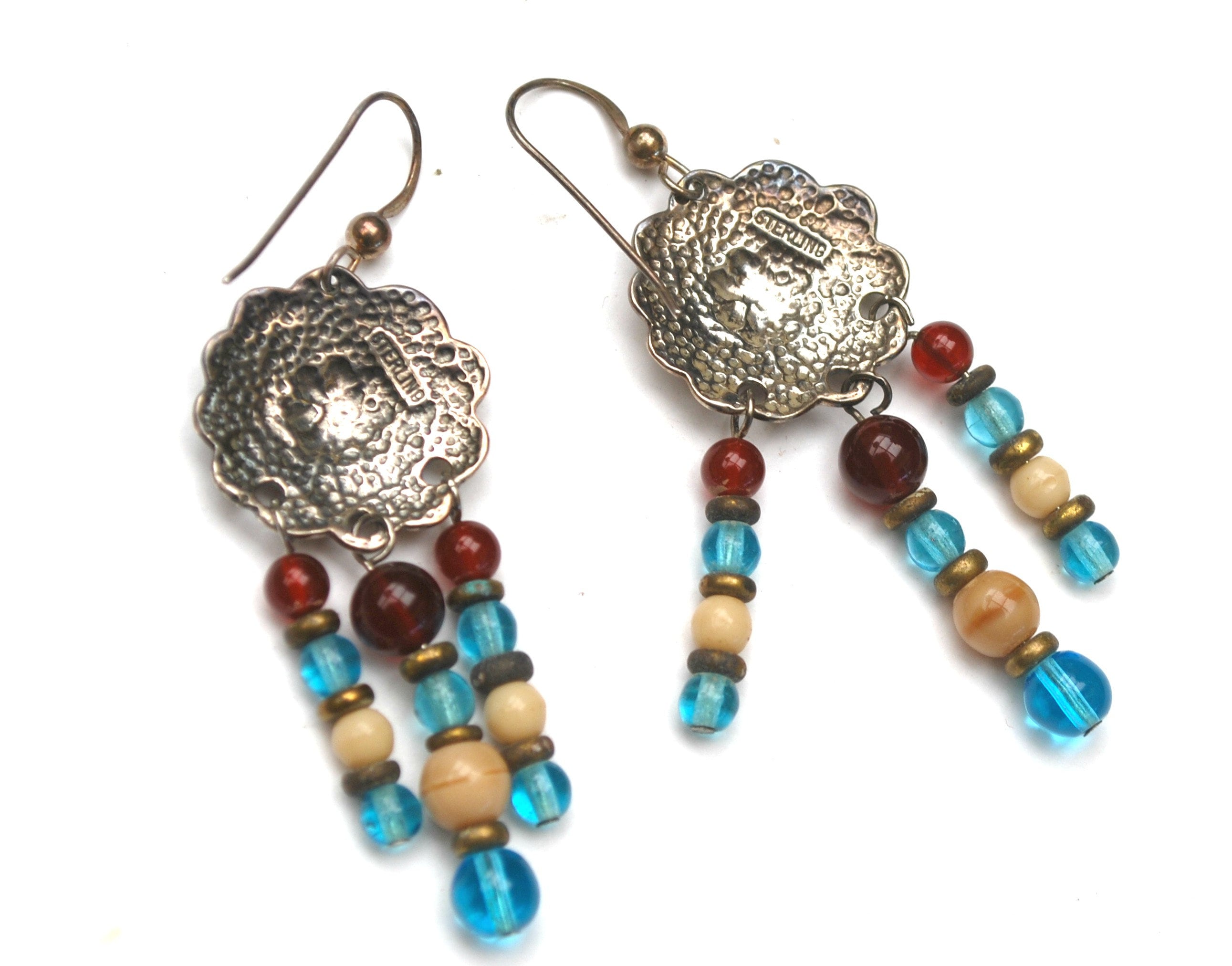Sterling Silver Concha Dangle Earrings Signed Sterling Red Garnet Agate ...