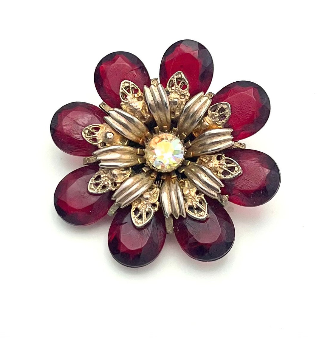Red Flower Brooch Gold Red Lucite Rhinestone Floral Pin - Etsy
