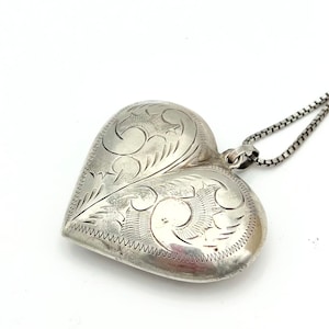 Sterling Silver Heart Pendant Necklace Etched Puffy Hallow Heart ...