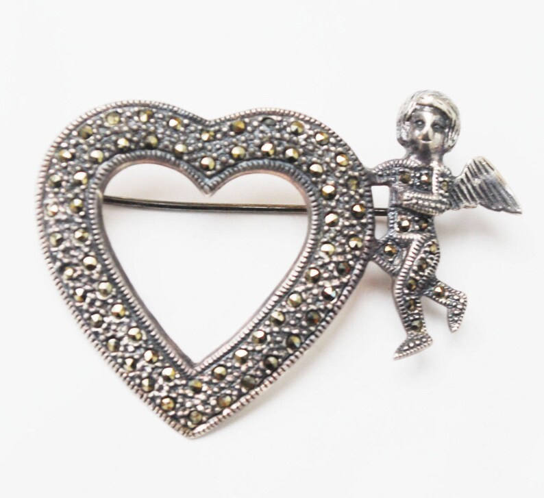Sterling Heart Brooch Sterling Silver Marcasite Cupid Pin - Etsy