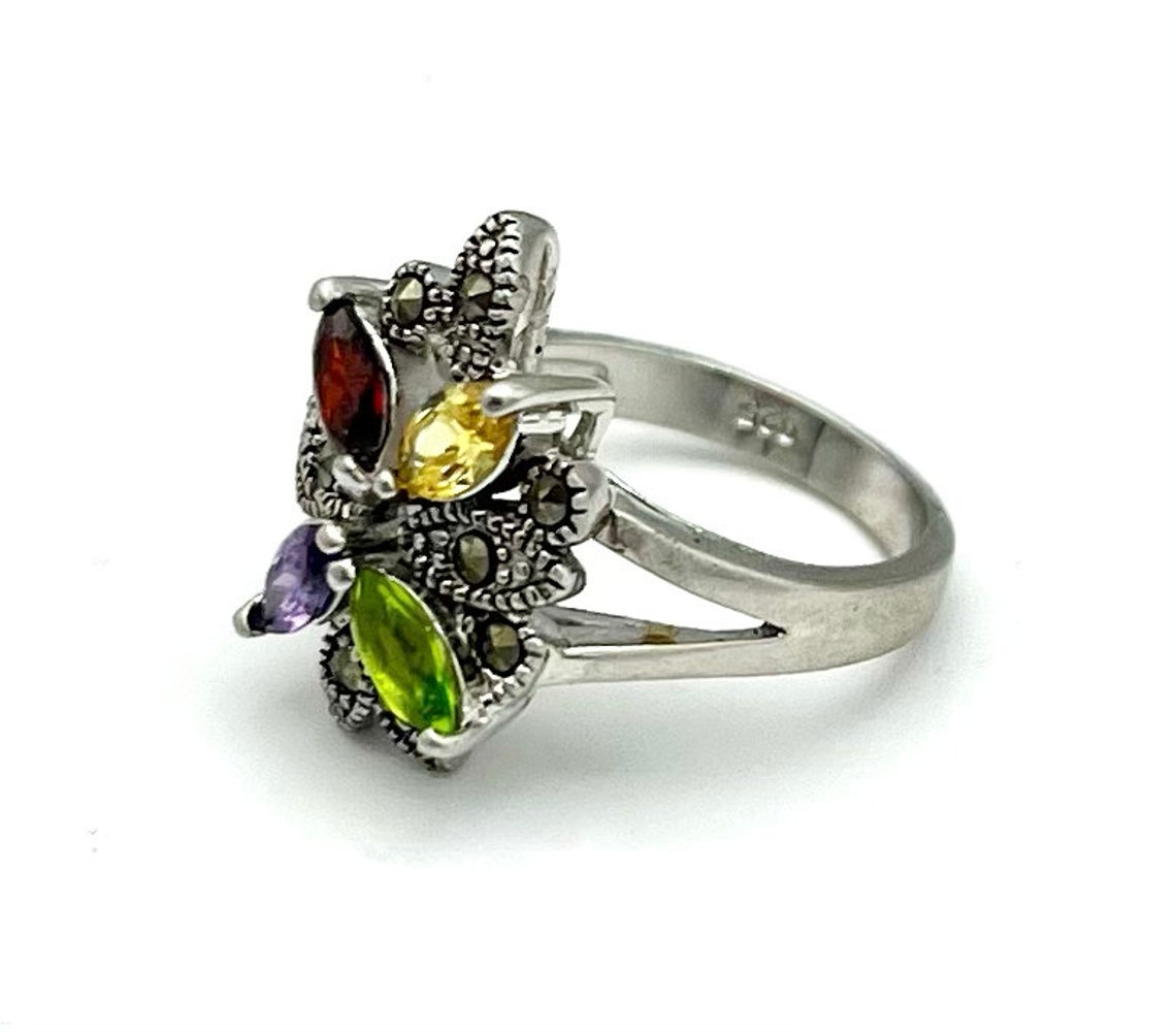 Multi Gemstone Flower Ring Sterling Silver Amethyst Garnet - Etsy