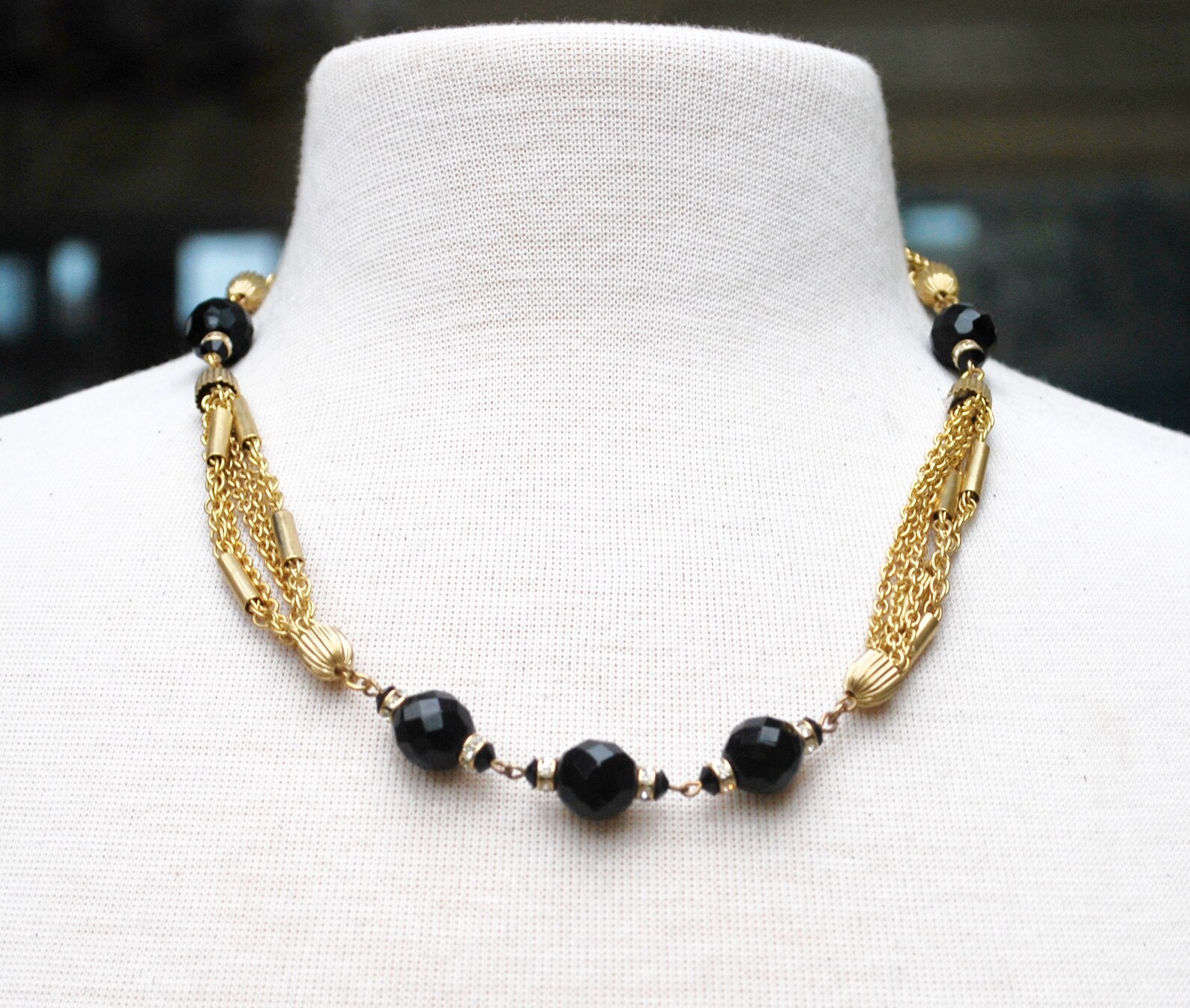 Hobe Necklace Black Glass Beads Multi Strand Gold Chain - Etsy