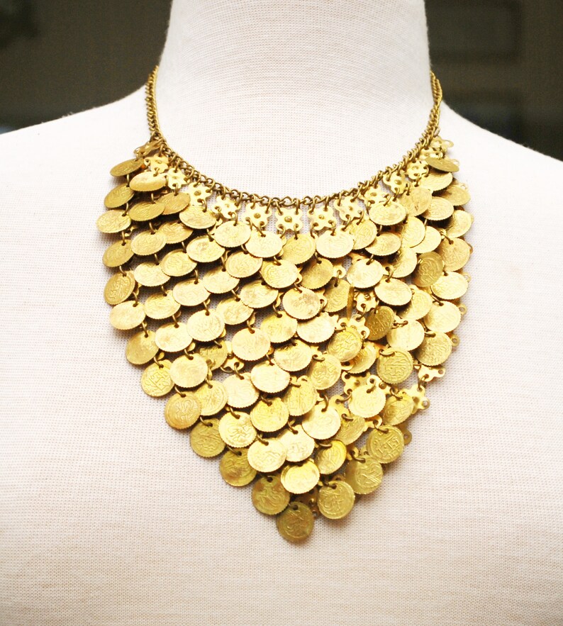 Gold Dangle Coin Bib Necklace V Shape Mid Century Mod Boho - Etsy