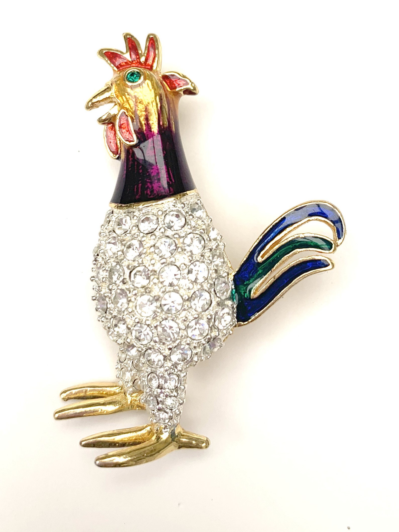 Vintage rooster Brooch clear Rhinestone red blue purple | Etsy