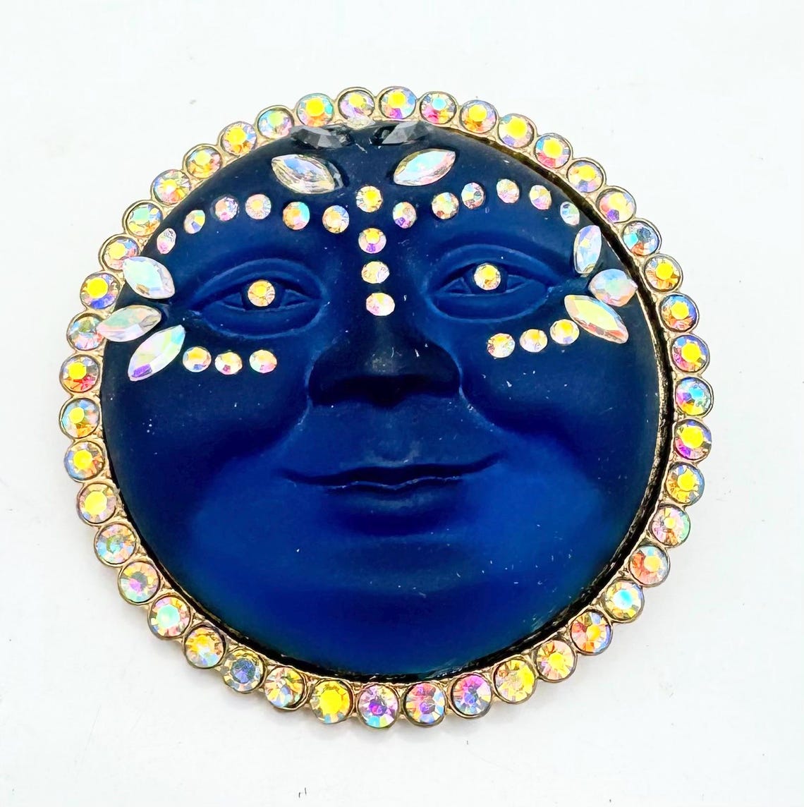Kirks Folly Rhinestone Blue Moon Face BROOCH Pendant Blueish Glass ...