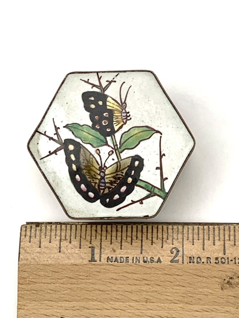 Butterfly Pill Box Yellow White Blue Enameling Floral Flower - Etsy