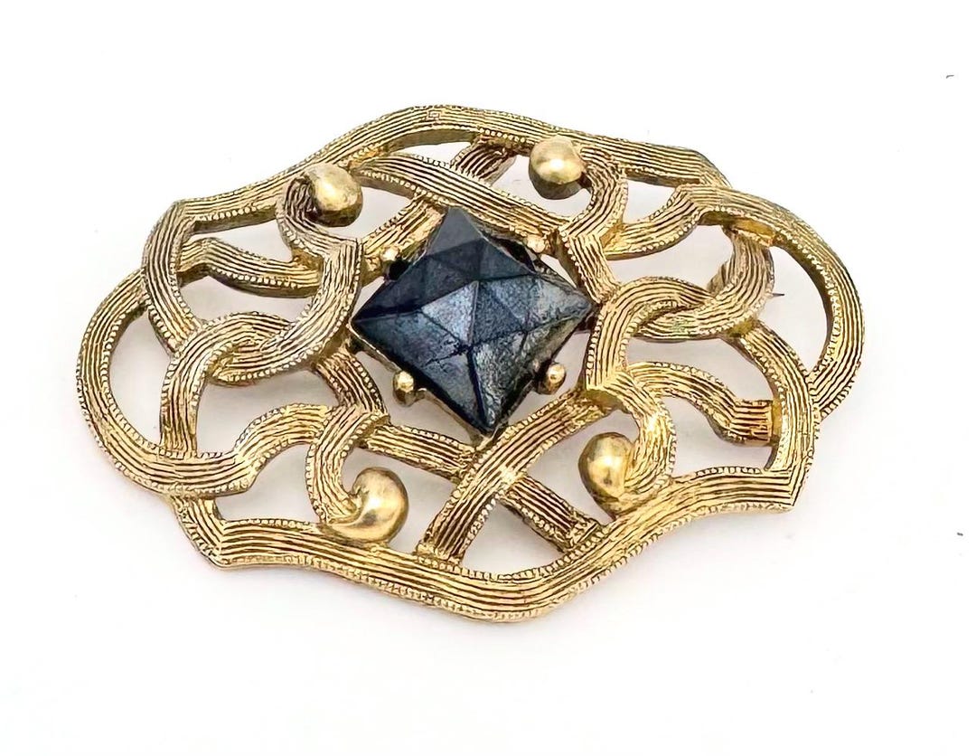 Tortolani Brooch Hematite Crystal Rhinestone Textured Gold Tone Metal ...