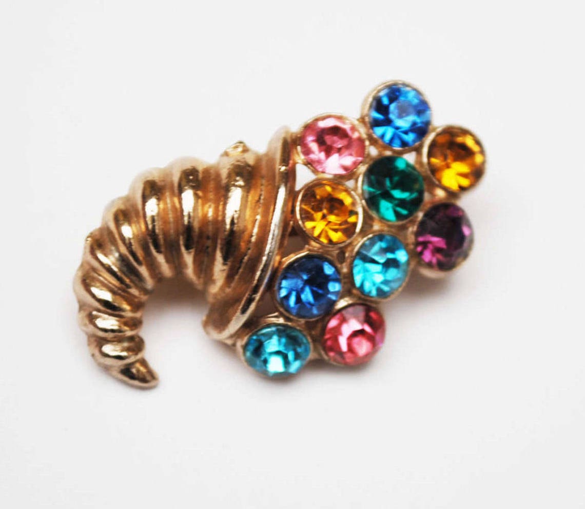 Cornucopia Brooch Multi Color Rhinestone Gold Tone Vintage - Etsy
