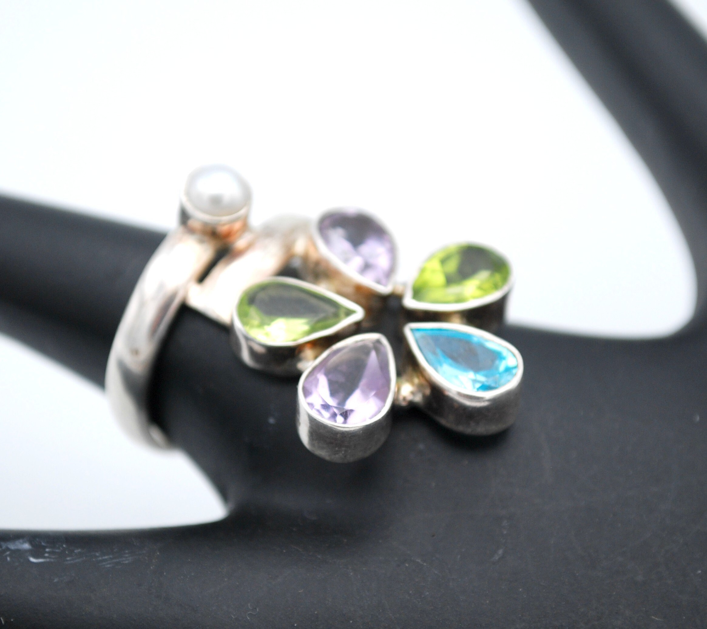 Multi gemstone Flower ring Sterling silver Amethyst Peridot | Etsy