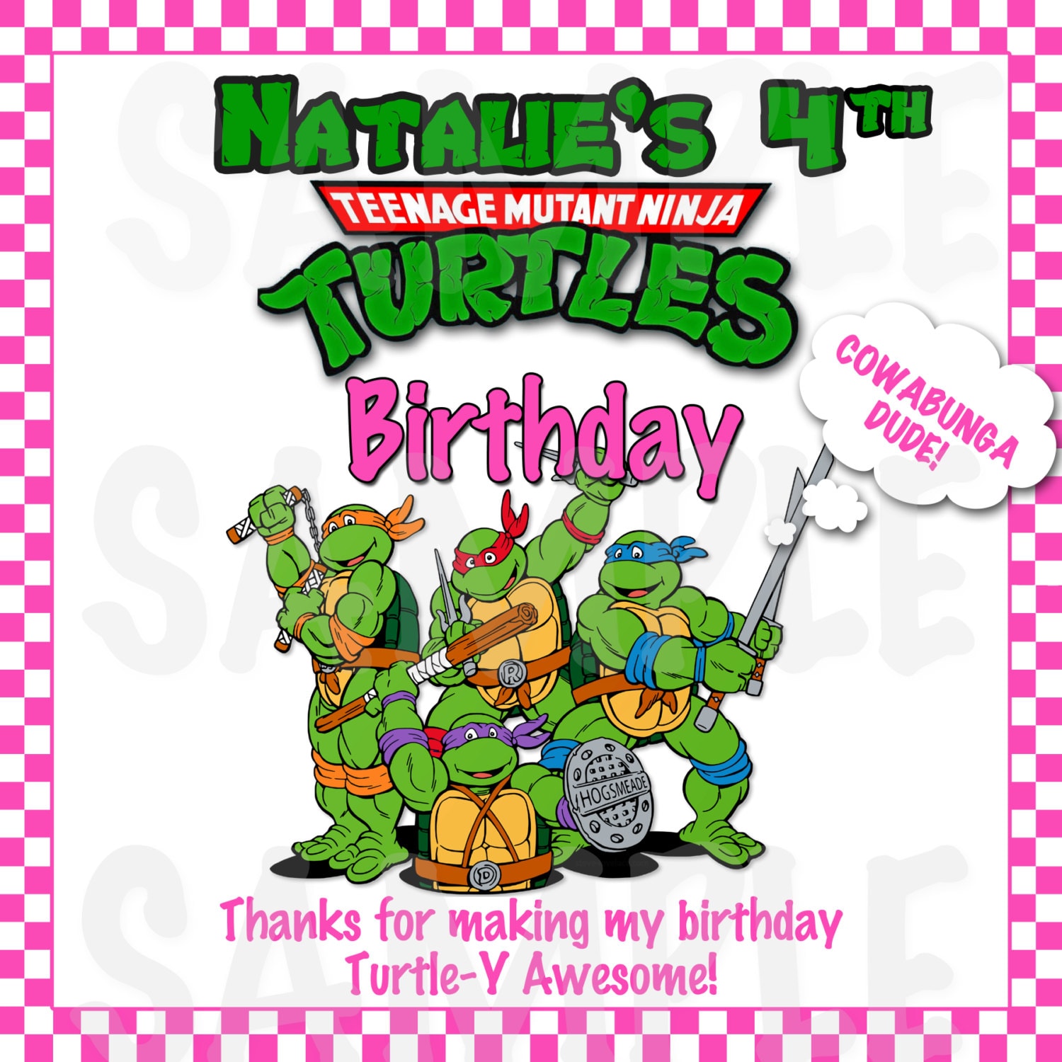 Personalized Pink Checker TMNT Ninja Turtles Girls Birthday | Etsy