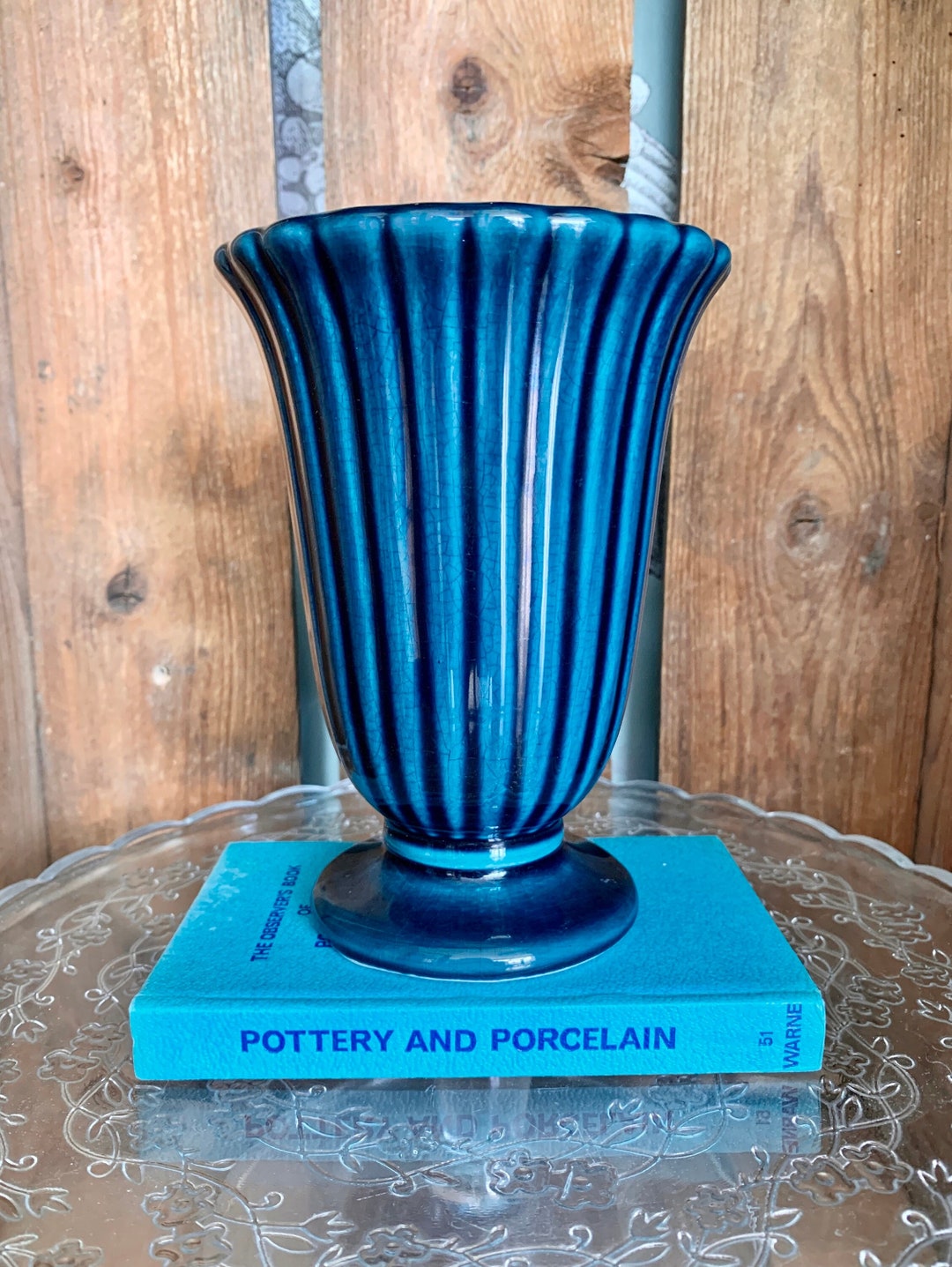 Vintage Devon Pottery Fluted Vase in Stunning Blue Glaze. Made in ...