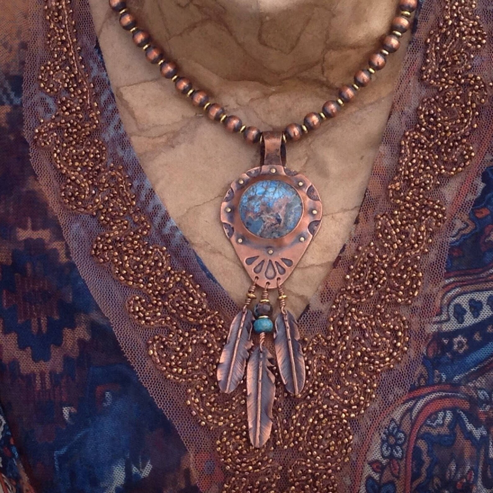 Southwestern Style Necklace With Handmade Copper Feathers and Regalite ...