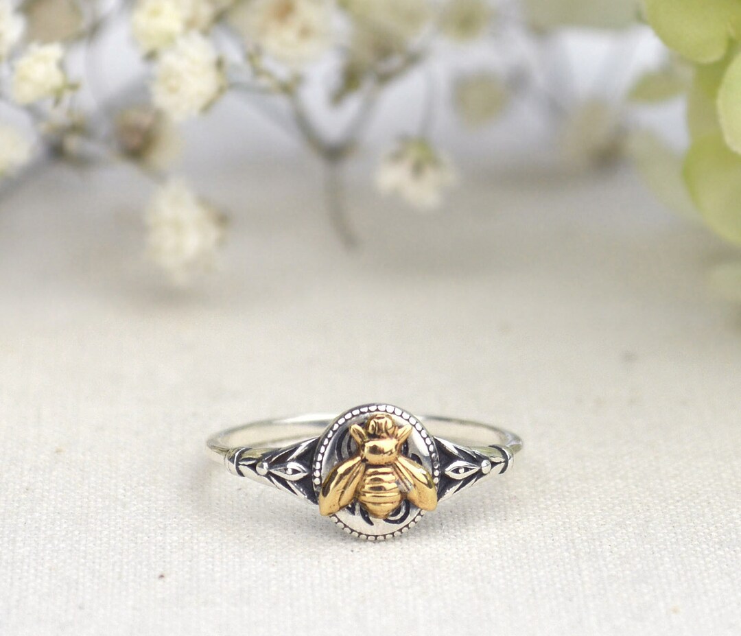 Sterling Silver Bee Signet Ring: Dainty Brass Accent - Etsy