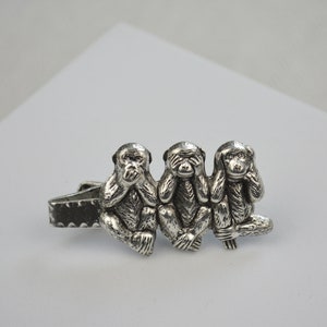 Monkey Tie Clip Bar Silver Three Monkeys Hear No Evil Steampunk ...