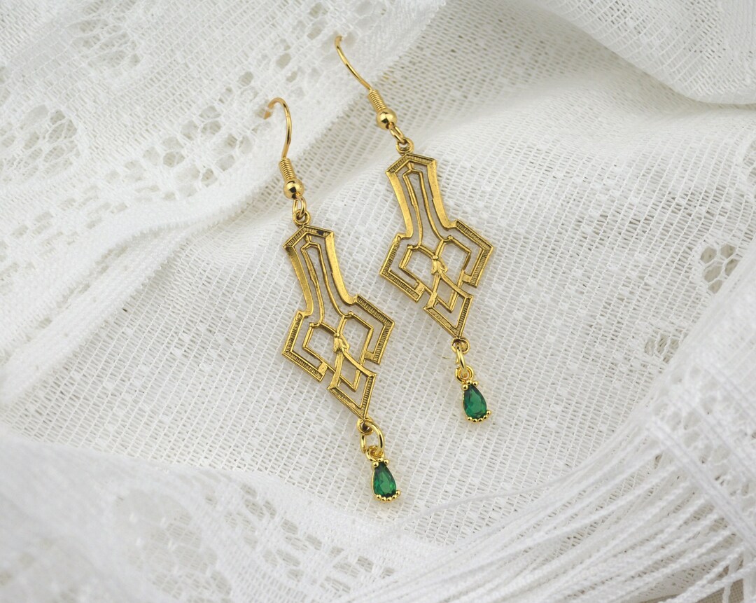 Emerald Tear Drop Geometric Art Deco Earrings - Green Crystal Earrings ...