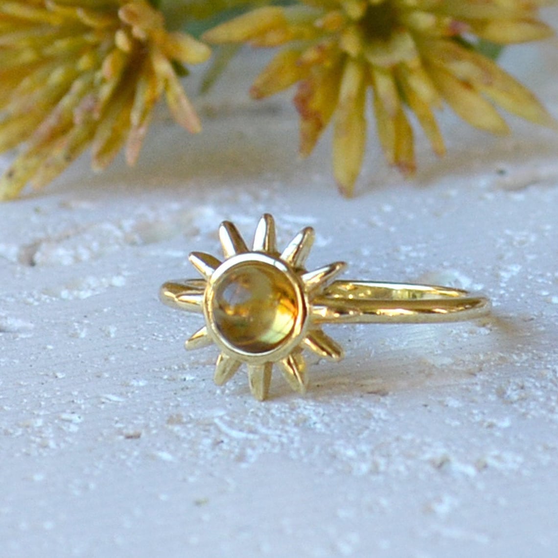 Sunshine Ring, Golden Citrine Sun Ring, November Birthstone, Dainty Sun ...