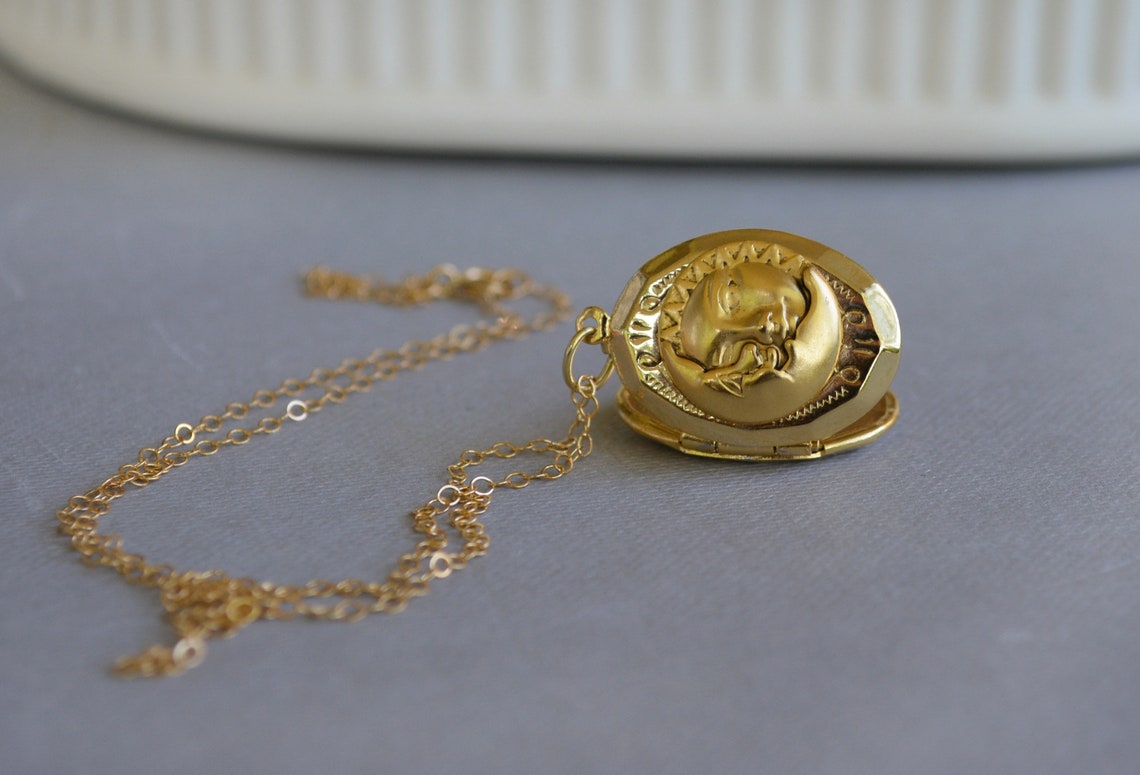 Gold Sun Necklace Celestial Locket Necklace Sun and Moon | Etsy