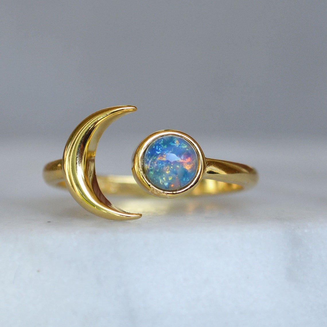 Crescent Moon Ring Opal Stacking Ring Moon Opal Ring Half | Etsy