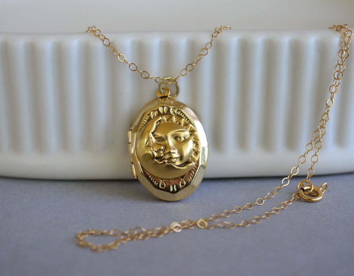 Gold Sun Necklace Celestial Locket Necklace Sun and Moon | Etsy