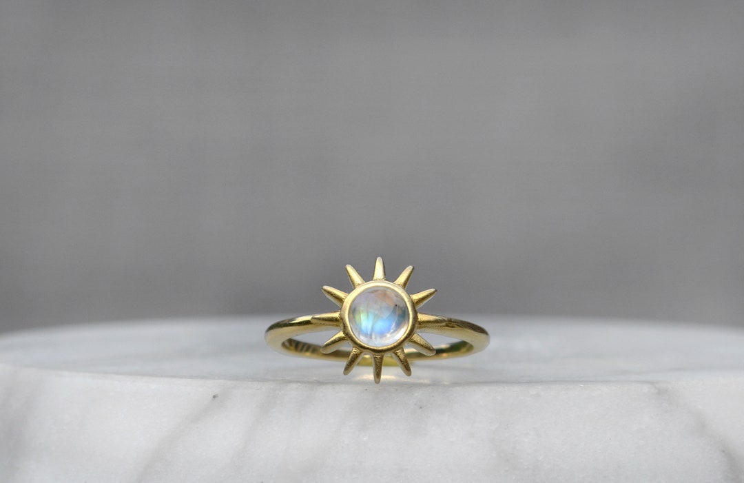 Dainty Sun Ring Gold, Moon Sun Ring, Moonstone Ring Gold, Starburst ...