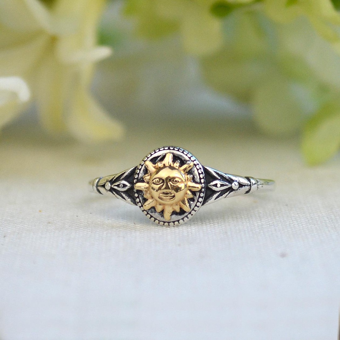 Tiny Sun Signet Ring, Mixed Metal Sterling Ring, Gold Sun Ring, Dainty ...
