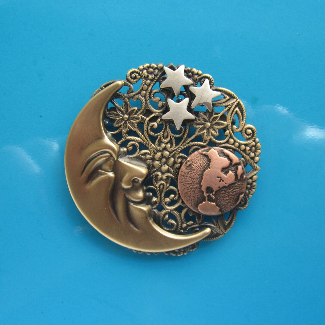 Moon Brooch- Moon Pin- Man in the Moon- Celestial Pin- Sun Moon Star ...