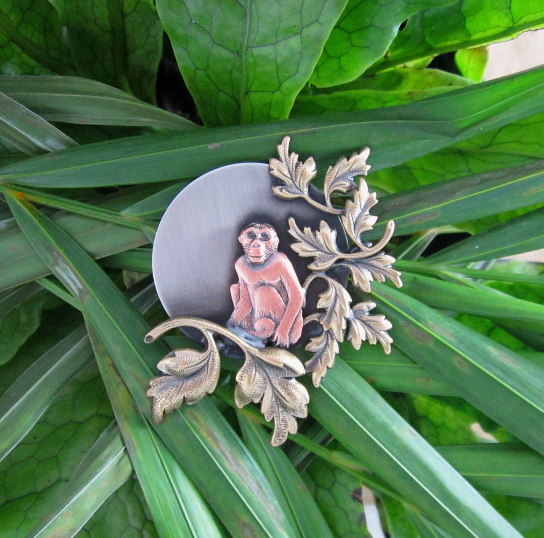 Monkey by Moonlight Brooch- Monkey Jewelry- Wild Animals- Mixed Metal ...