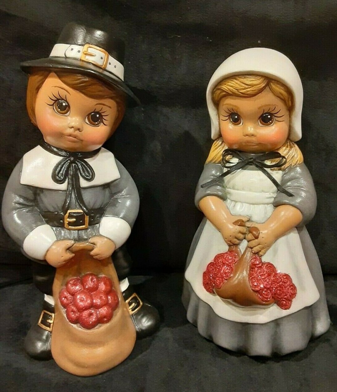 Happy Thanksgiving Pilgrim Couple Hand Painted Ceramic Apples Roses ...