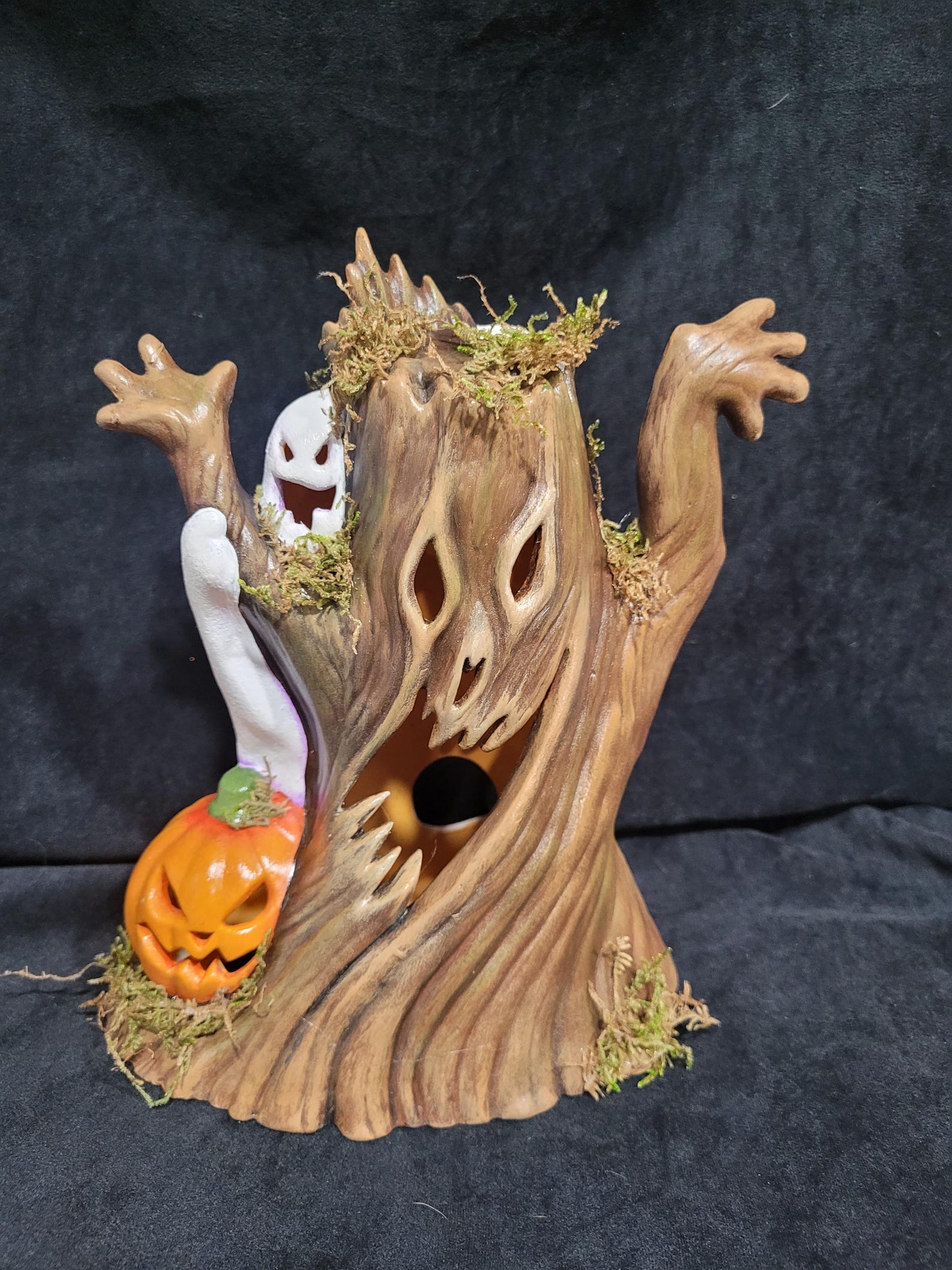 Spooky Haunted Tree Ghosts Ghouls Pumpkin Light Hand Painted Ceramic ...