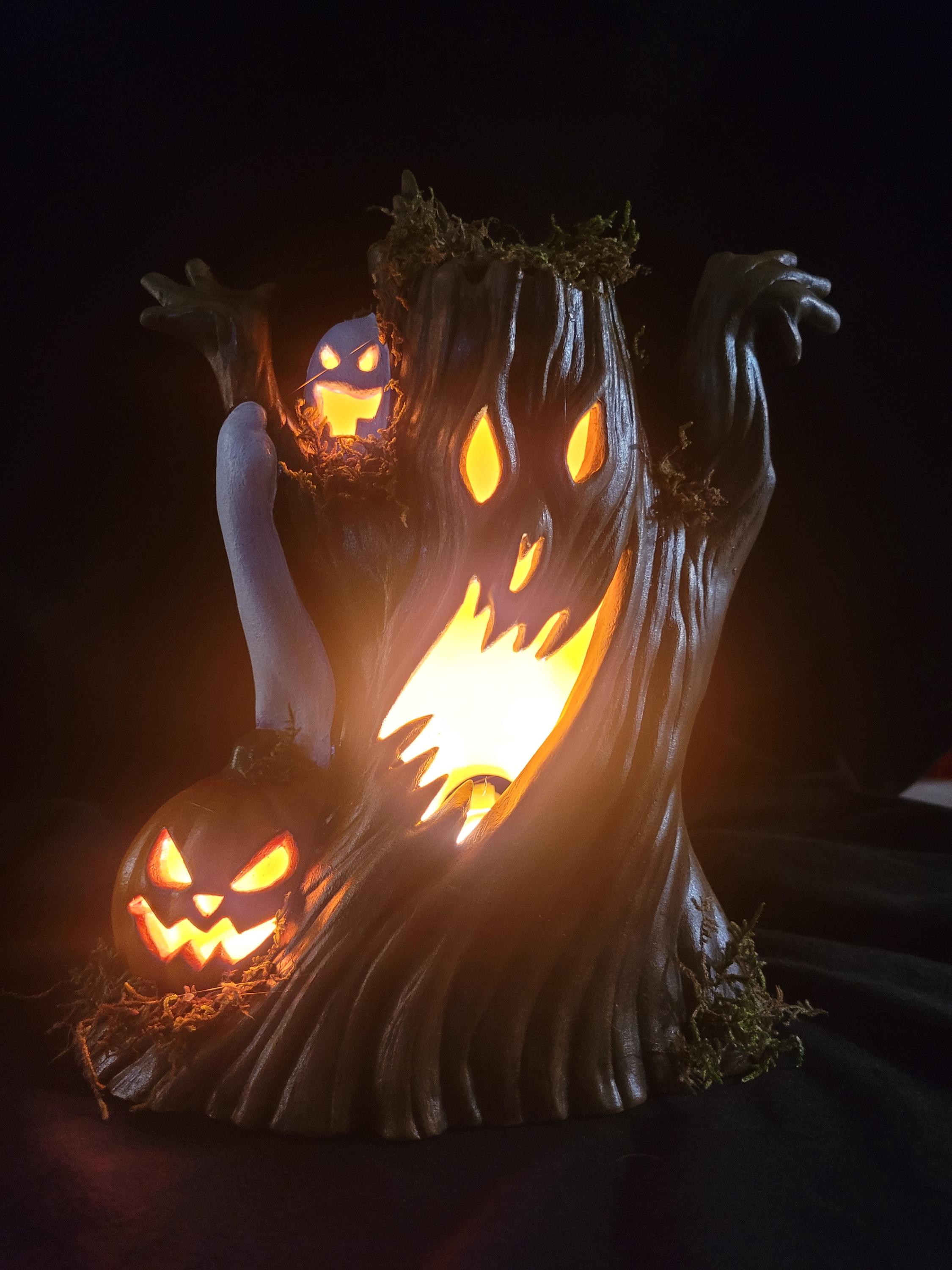 Spooky Haunted Tree Ghosts Ghouls Pumpkin Light Hand Painted Ceramic ...