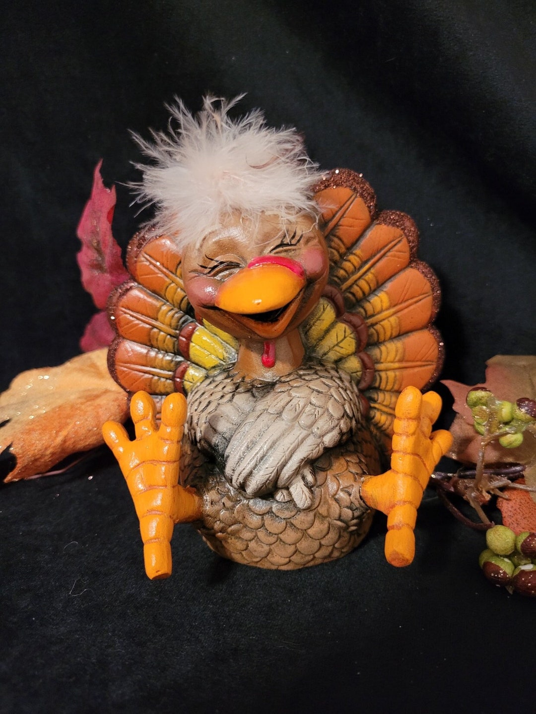 Happy Thanksgiving Turkey Ceramic Handpainted Fall Harvest Cornucopia ...