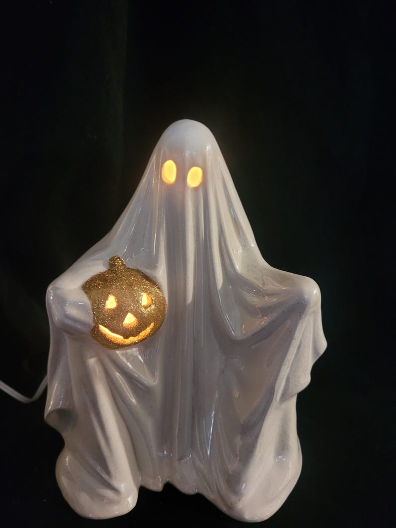 Vintage Spooky Sammy Ghost Holding Pumpkin Light Hand Painted Glazed ...