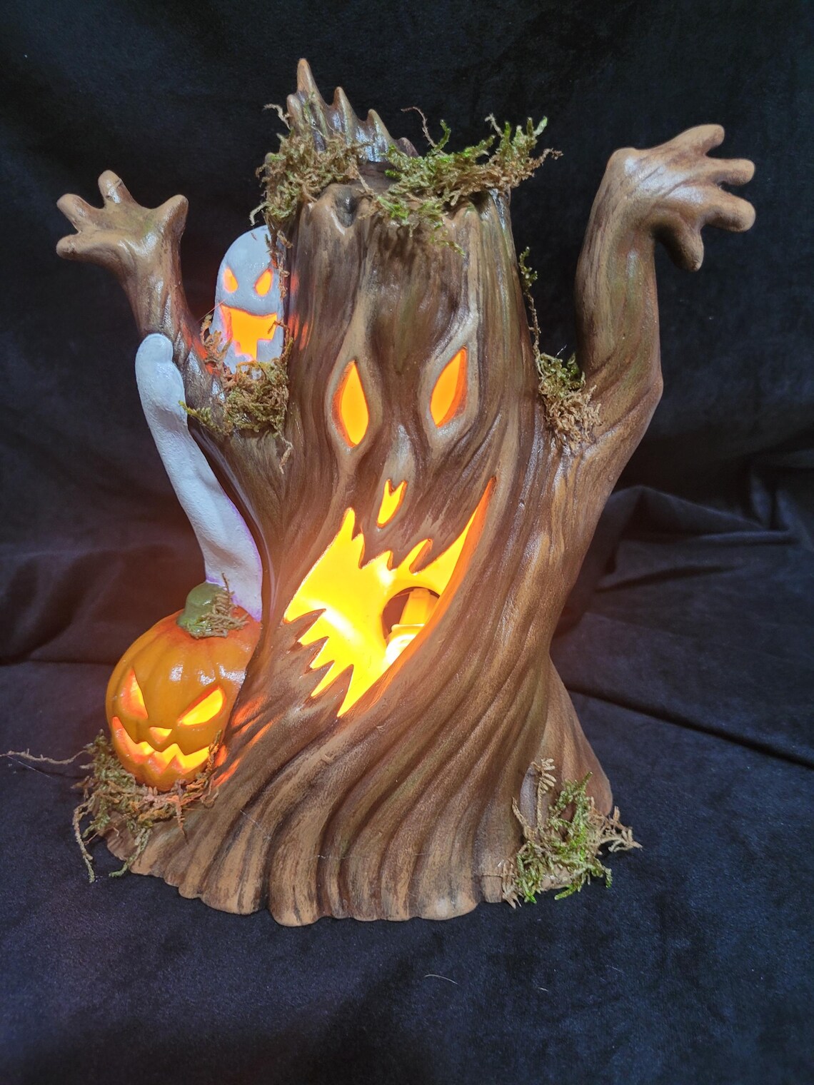 Spooky Haunted Tree Ghosts Ghouls Pumpkin Light Hand Painted Ceramic ...