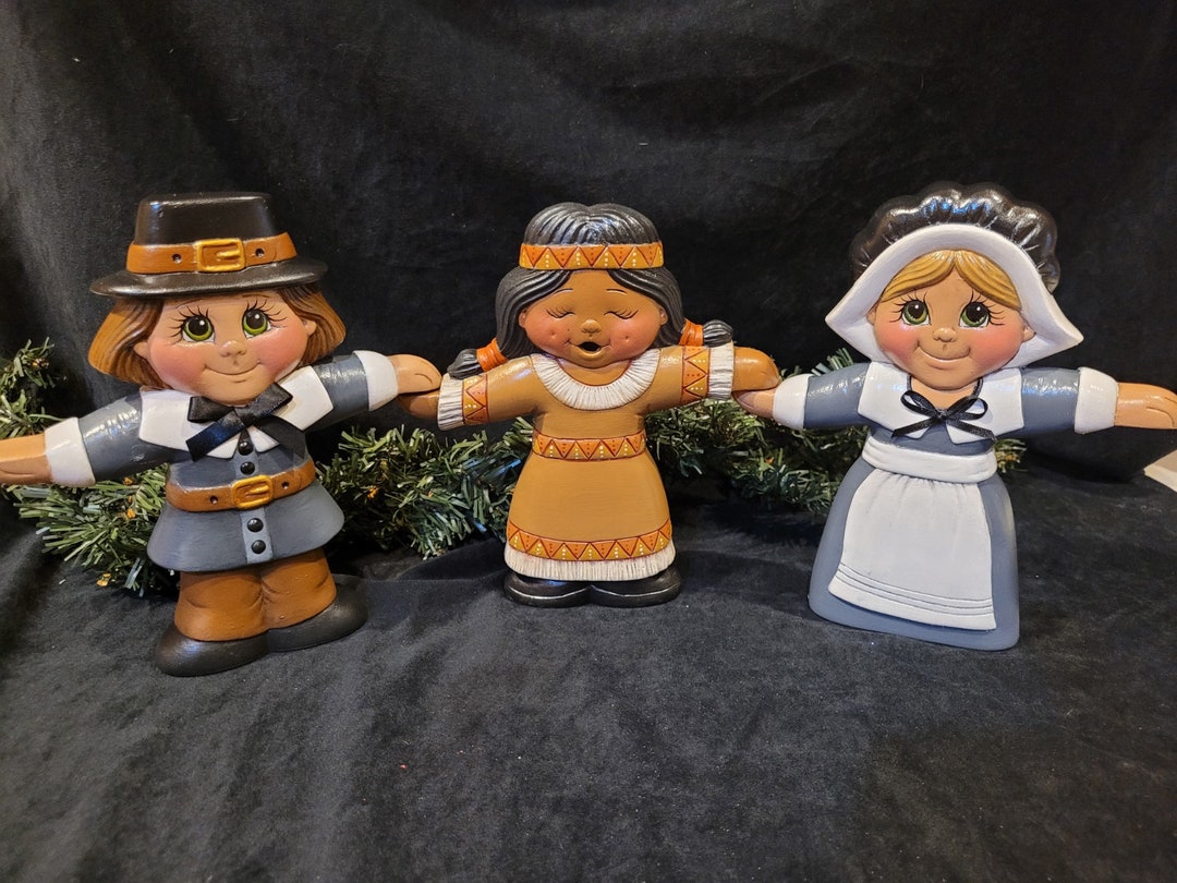 Happy Thanksgiving Pilgrims and Indian Ceramic Handpainted Hand-n-hand ...