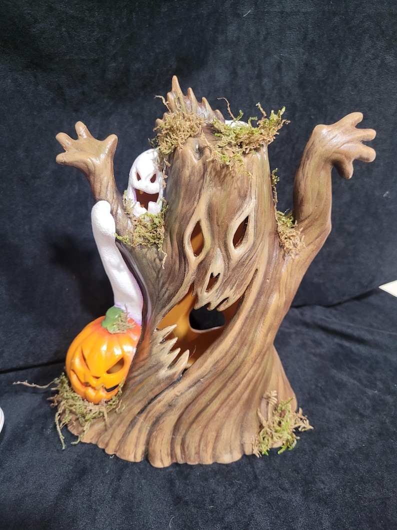 Spooky Haunted Tree Ghosts Ghouls Pumpkin Light Hand Painted Ceramic ...