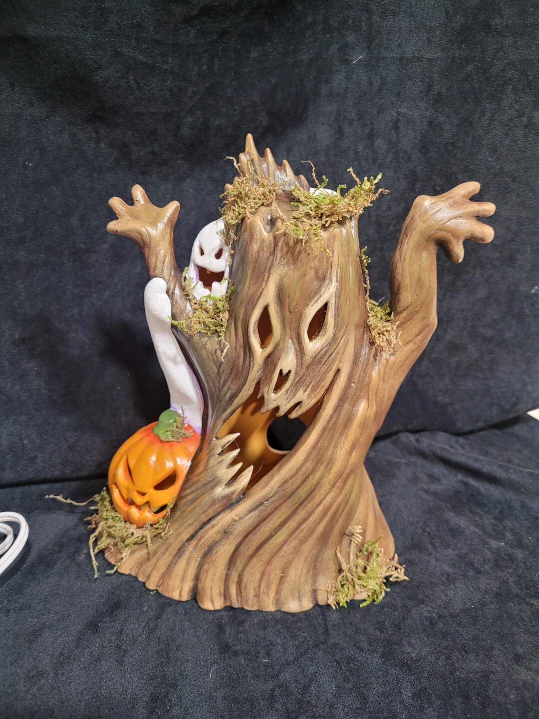 Spooky Haunted Tree Ghosts Ghouls Pumpkin Light Hand Painted Ceramic ...
