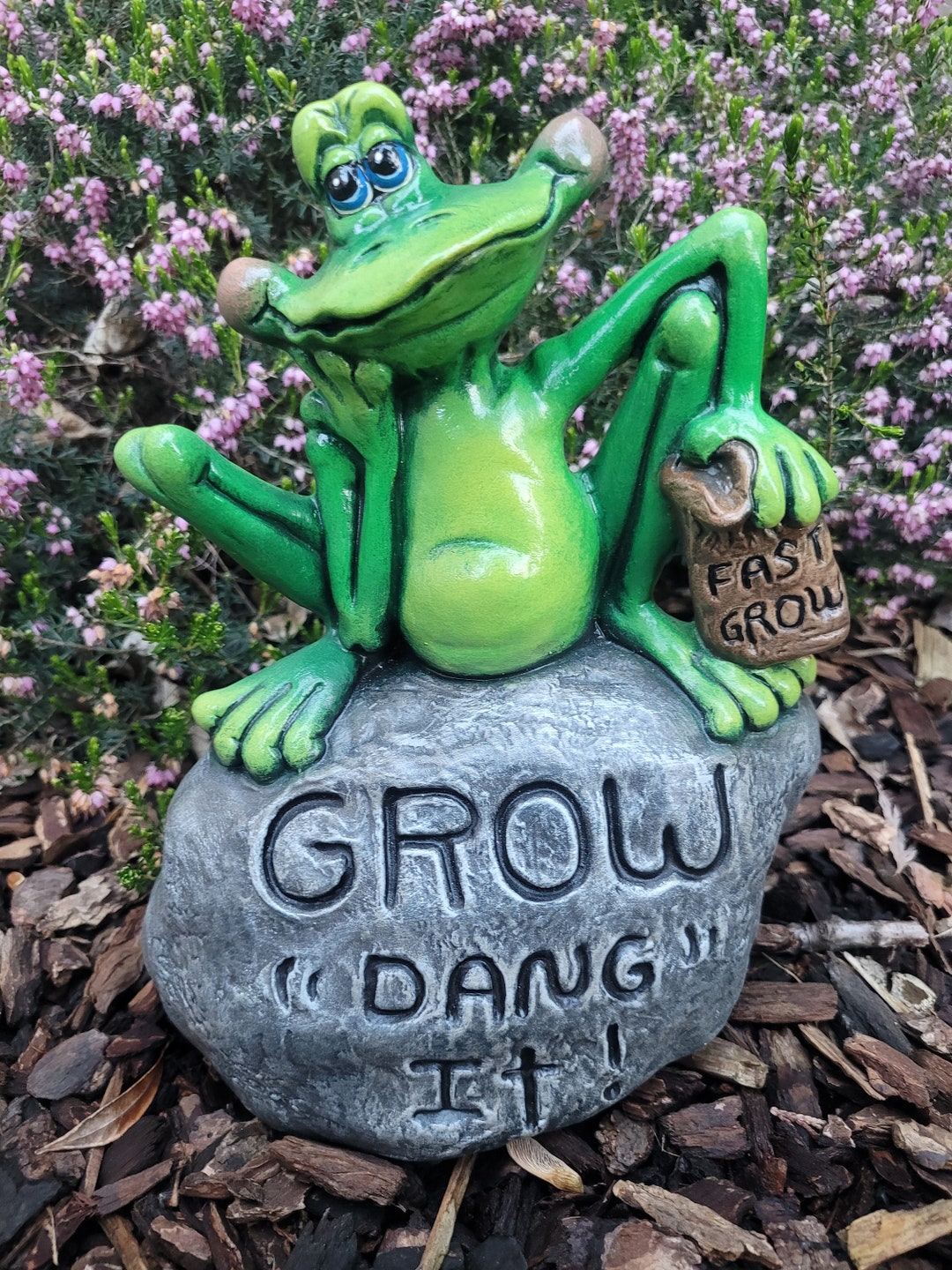 Grow Dang It Hand Painted Ceramic Rock With Frog for Garden or Patio ...