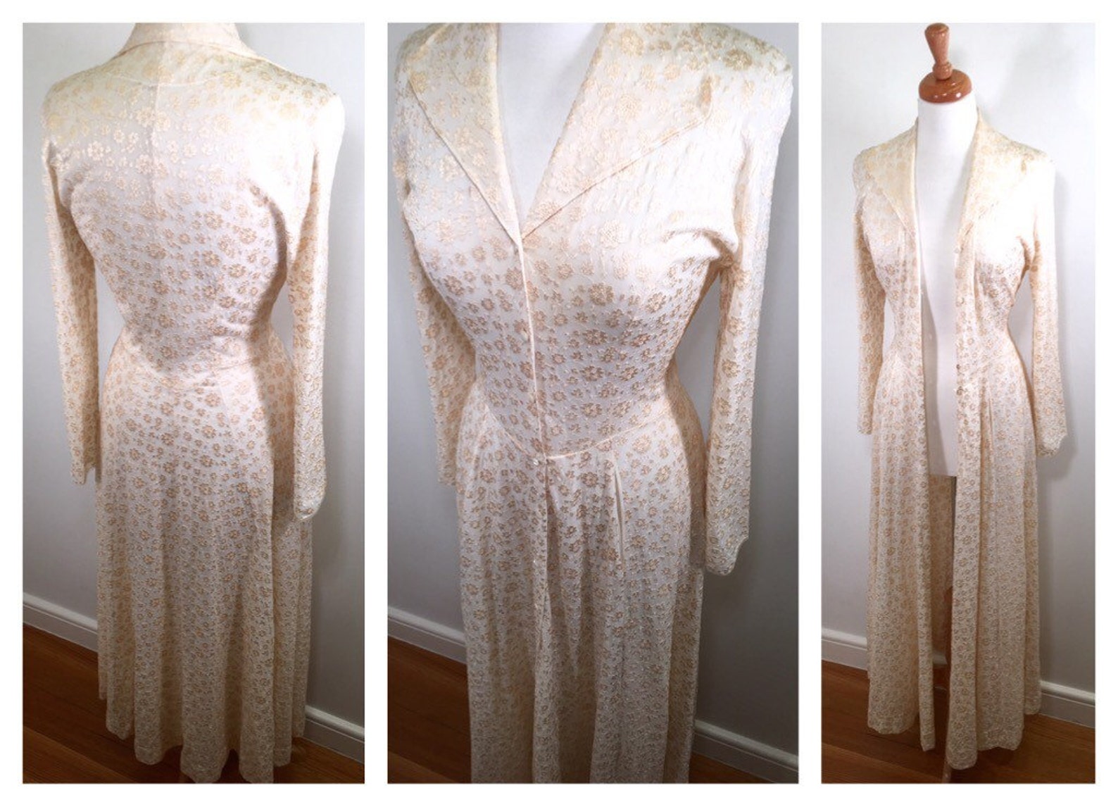 1950s White Duster Dress Vintage Cream Print Maxi Shirt Dress Silk ...
