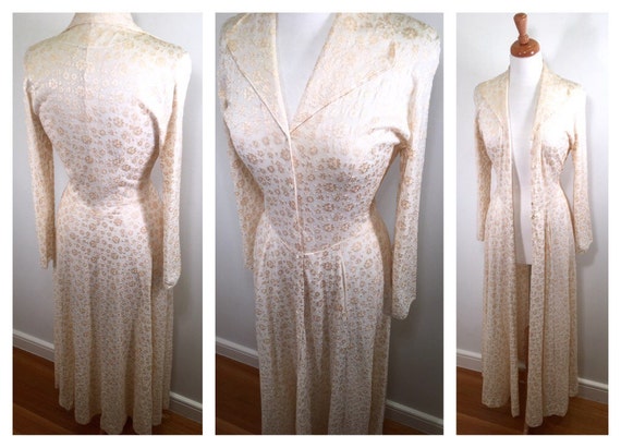1950s White Duster Dress Vintage Cream Print Maxi Shi… - Gem