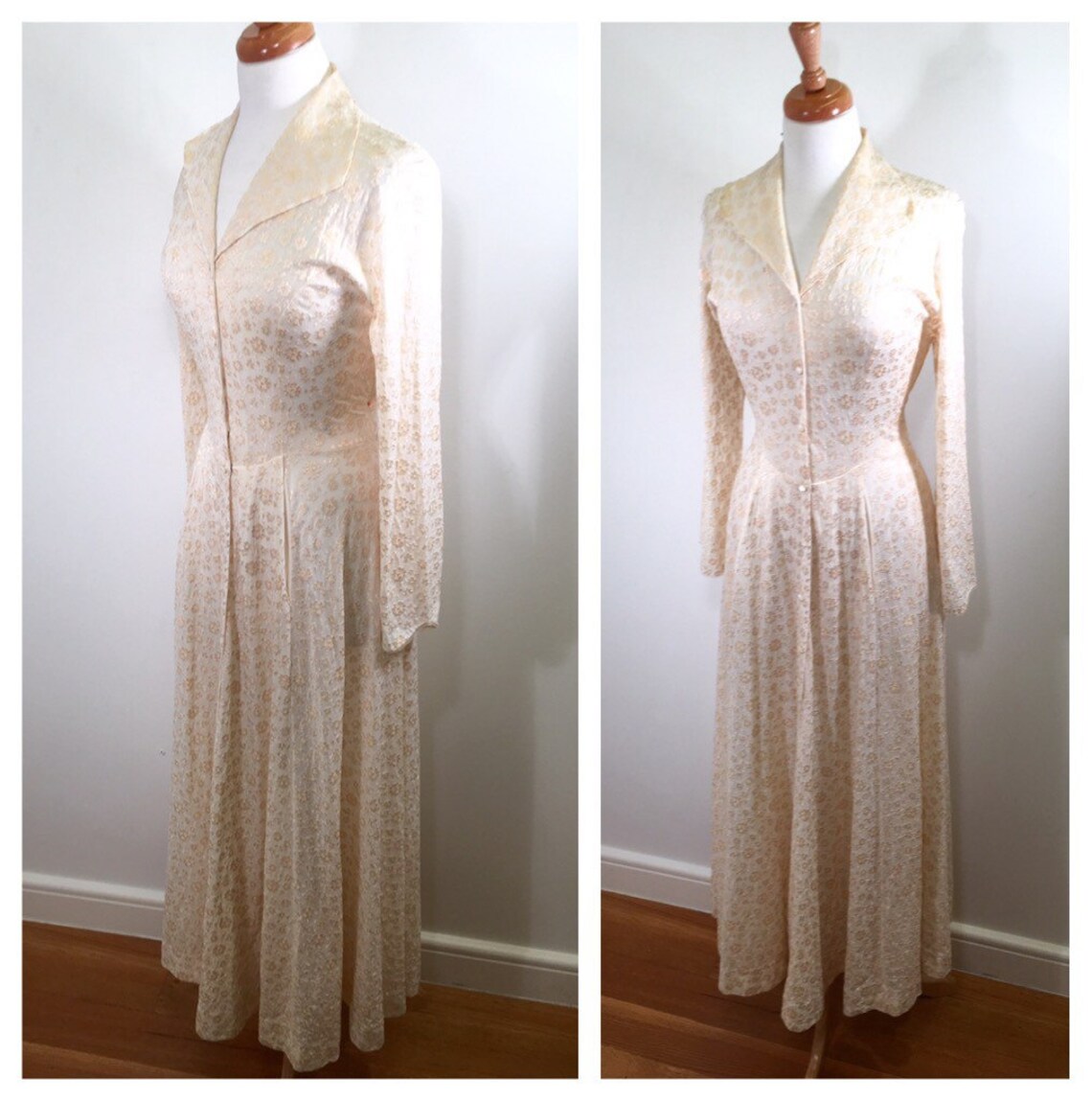 1950s White Duster Dress Vintage Cream Print Maxi Shirt Dress Silk ...