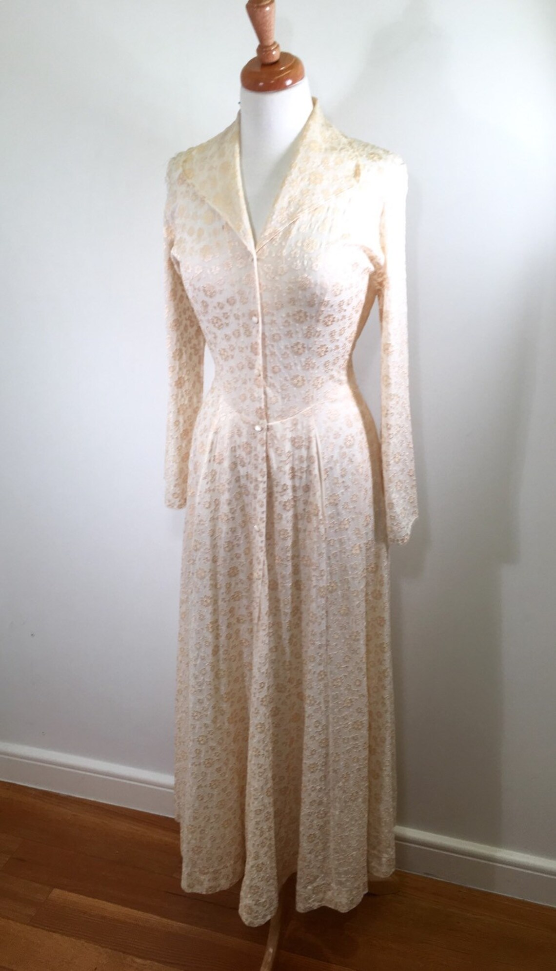 1950s White Duster Dress Vintage Cream Print Maxi Shirt Dress Silk ...