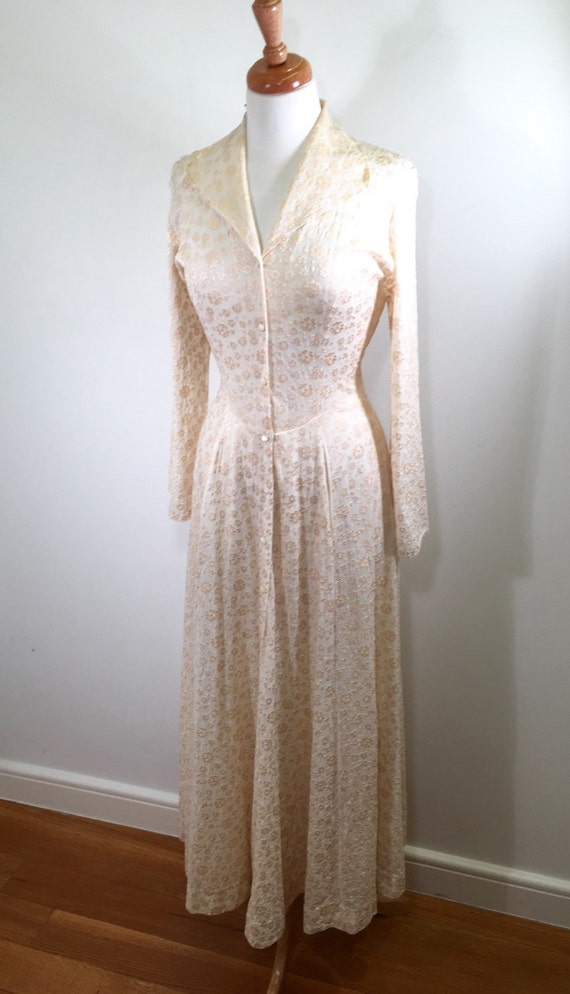 1950s White Duster Dress Vintage Cream Print Maxi Shi… - Gem