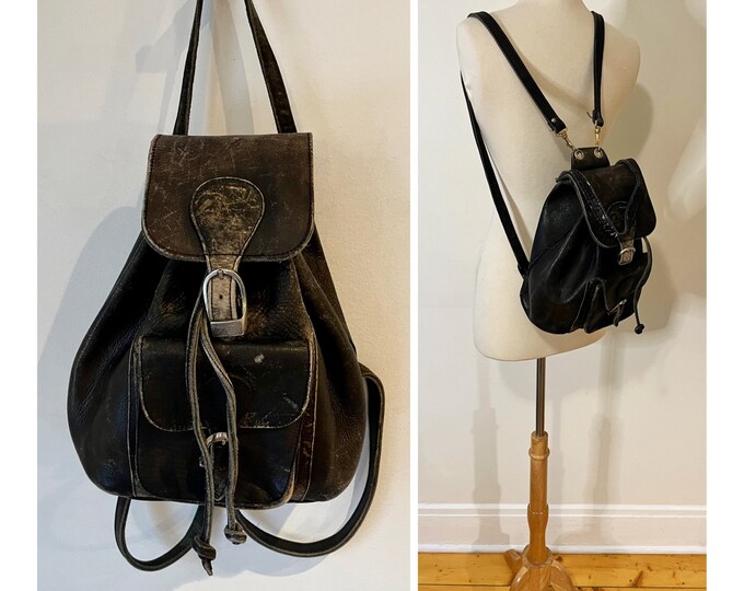 Vintage Black Leather Backpack 1990s Black Distressed Leather Book Bag ...