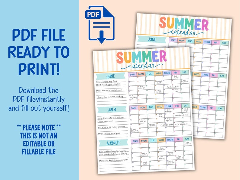 2026 Summer Calendar Poster Summer Fun Bucket List Family Planner ...