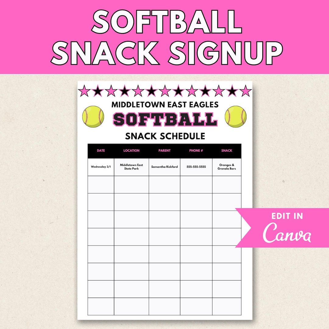 Softball Snack Sign up Sheet Printable, Editable Canva Template ...