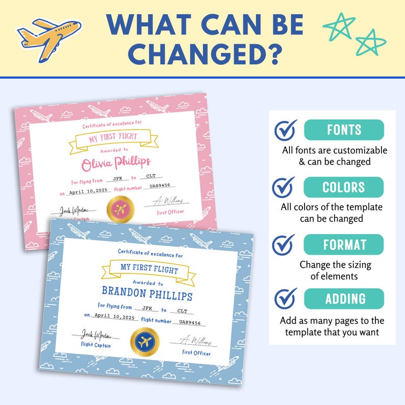 My First Flight Certificate for Kids, Editable Kids Award, Milestone ...