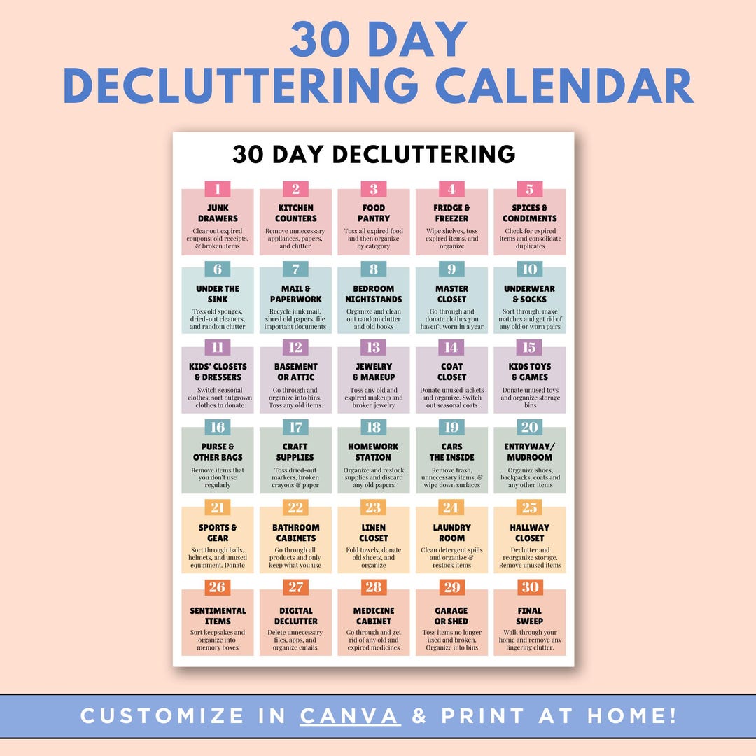 30-day Decluttering Calendar: Home Organization Printable (PDF) - Etsy